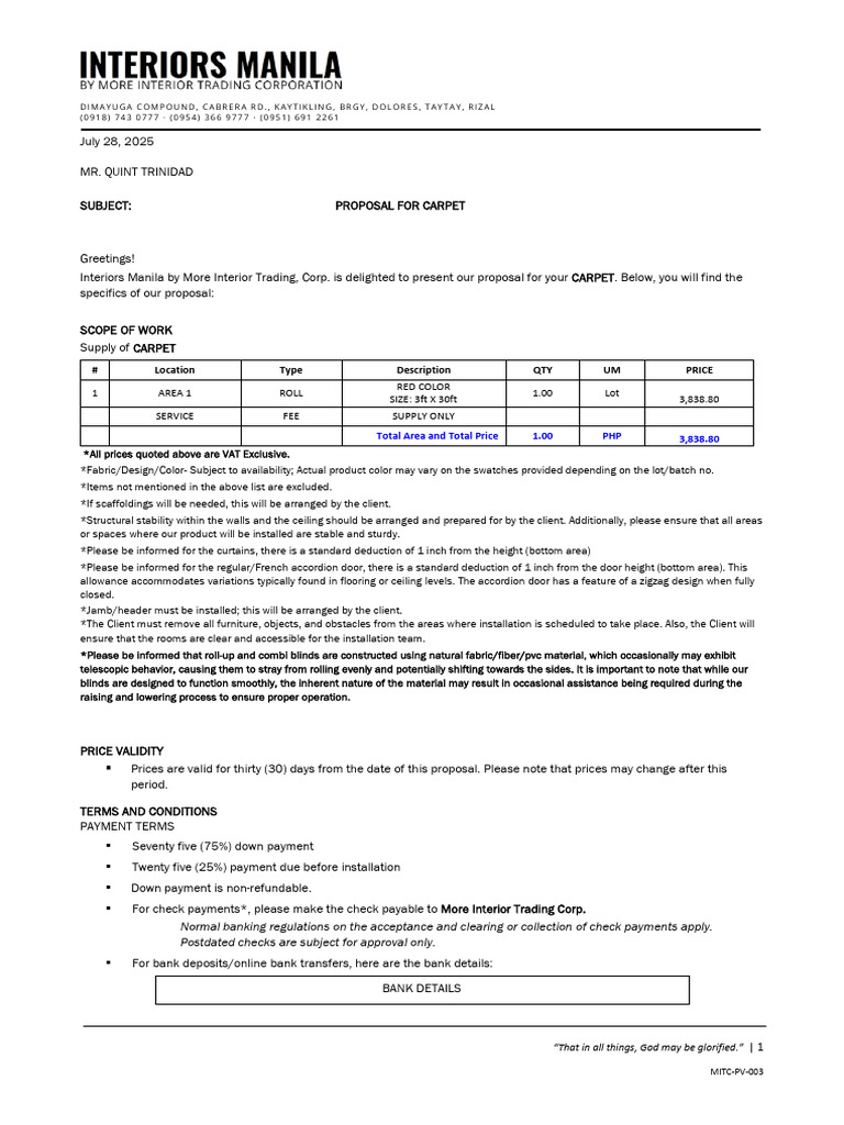 Carpet Proposal for Interiors Manila | PDF | Banks | Payments