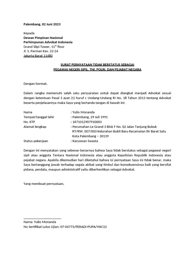 Surat Pernyataan Status Pekerjaan Advokat | PDF