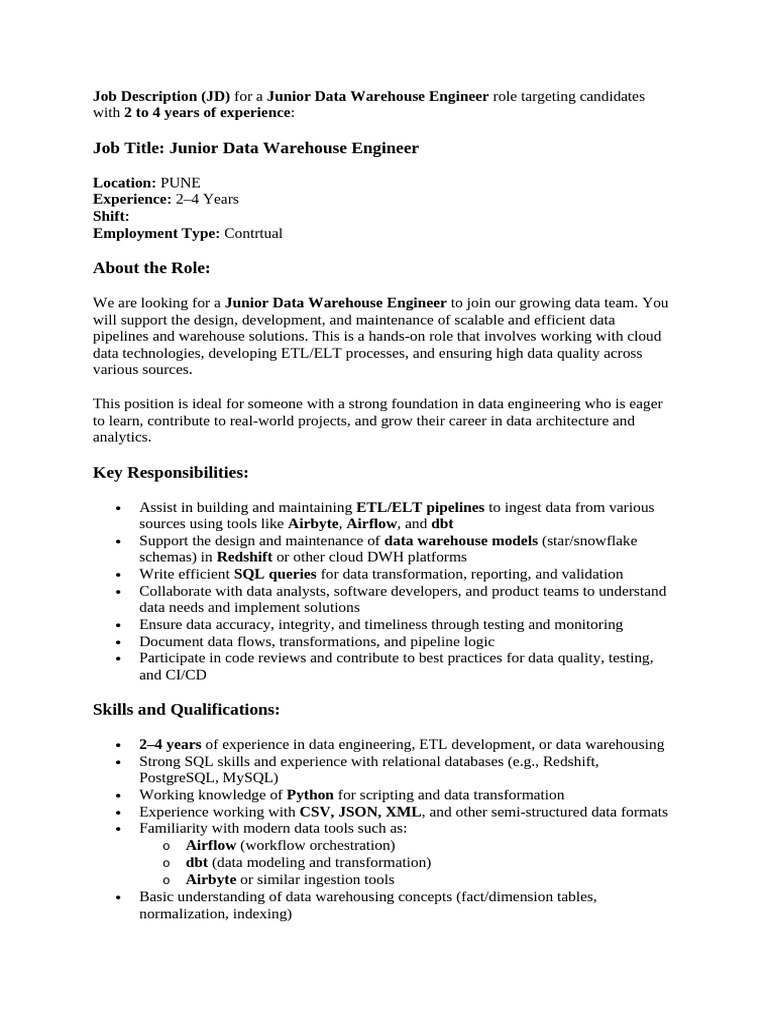 Junior Data Warehouse Engineer | PDF | Data Warehouse | Information ...