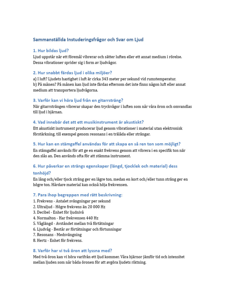 Instuderingsfrågor Ljud 200125 | PDF