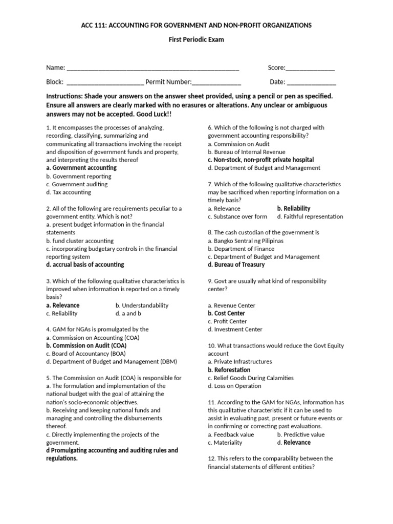 ACC 111 Government Accounting Exam | PDF | Budget | Expense