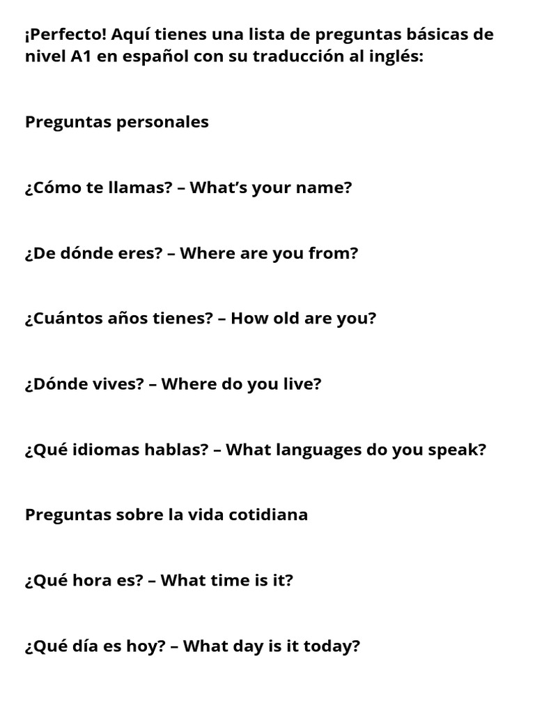 Preguntas básicas A1 en español | PDF
