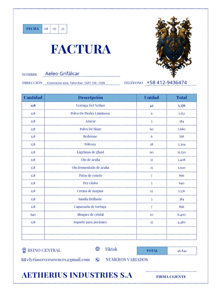 Factura de Aetherius Industries S.A. | PDF