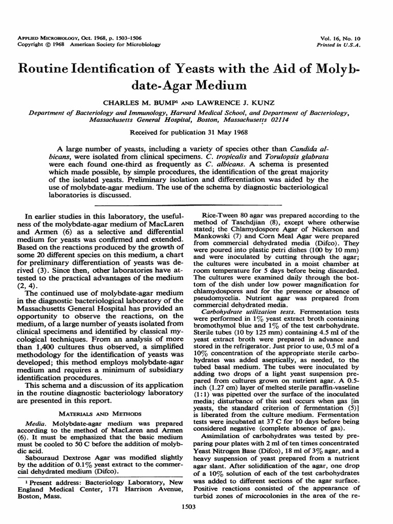 Bump Kunz Routine Identification of Yeasts With The Aid of Molybdate ...
