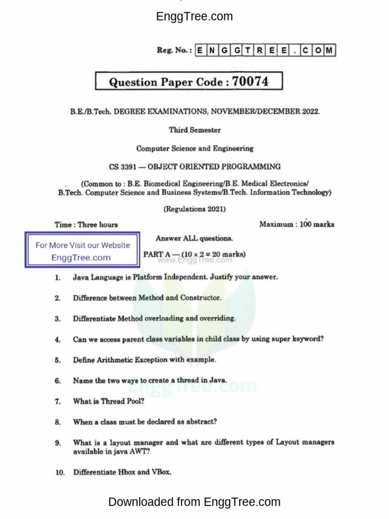 CS3391 Object Oriented Programming Nov Dec 2022 Question Paper Download | PDF