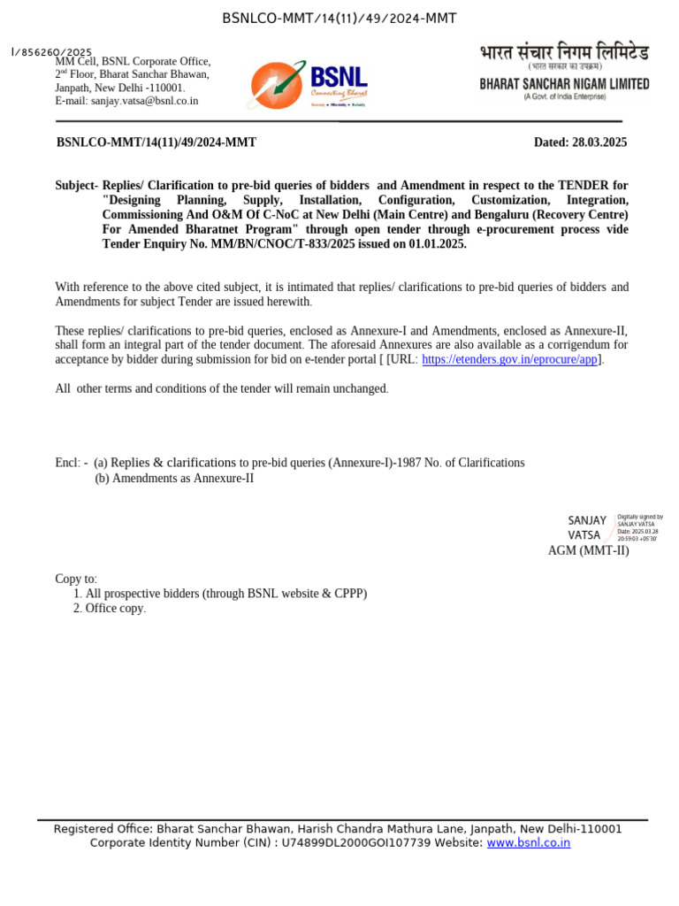 BSNL C-NoC Tender Clarifications 2025 | PDF | Economy Of India ...