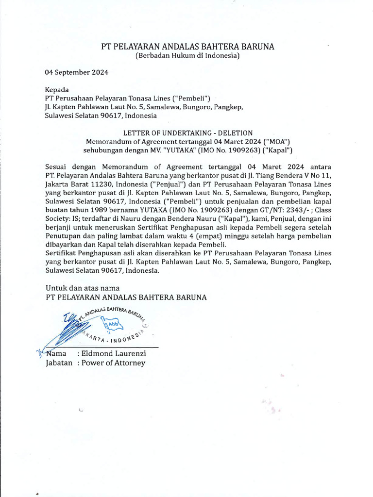 Letter of Undertaking-Deletion Certificate Yutaka | PDF