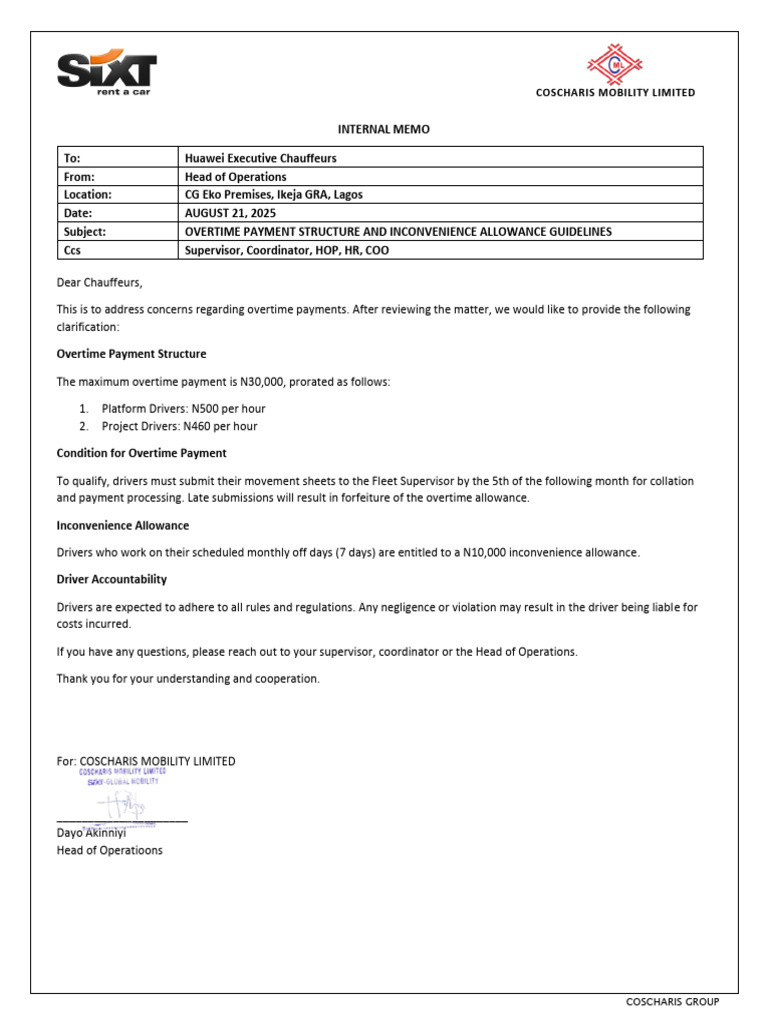 Memo - Overtime Payment Structure and Inconvenience Allowance ...