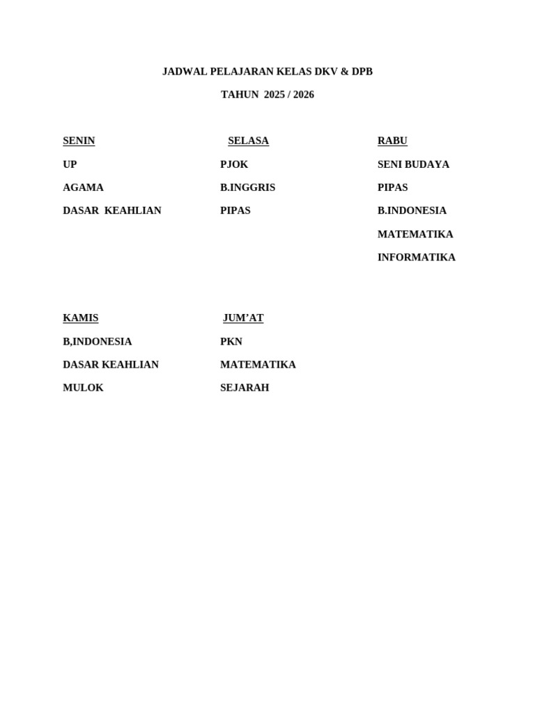 Jadwal Pelajaran Kelas DKV | PDF