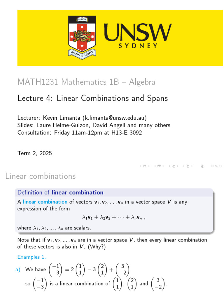 Lecture 04 - Linear Combinations and Spans (Fully Annotated, 17 June 2025) | PDF | Linear ...