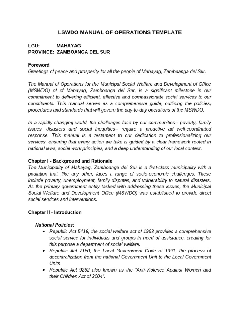 Mahayag MSWDO Operations Manual | PDF | Social Policy