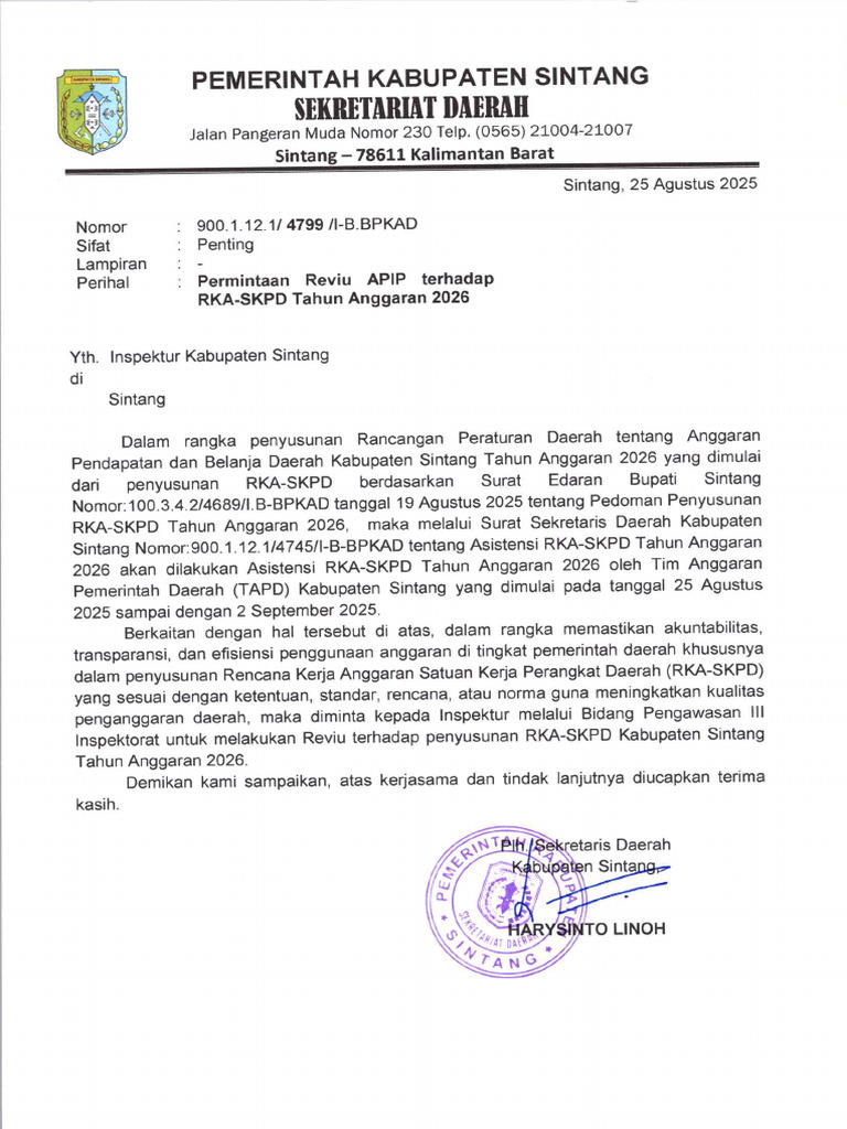 Surat Permintaan Reviu APIP Terhadap RKA-SKPD TA 2026 | PDF