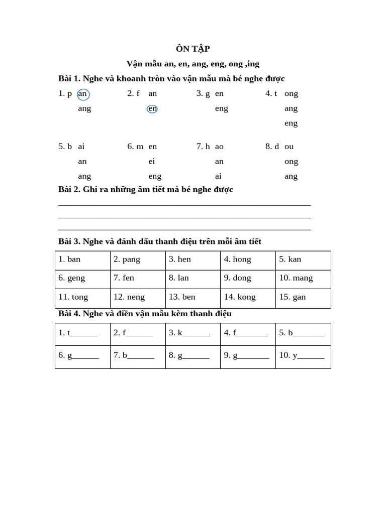 ÔN TẬP an, En, Ang, Eng, Ong, Ing | PDF