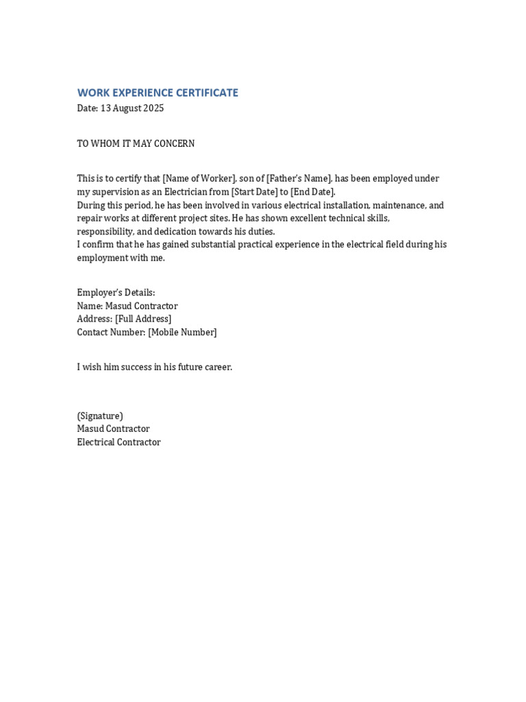 Electrician Experience Certificate Masud | PDF