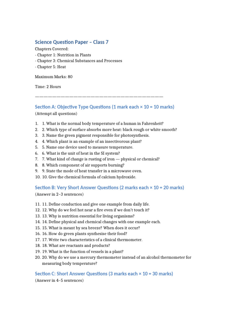 Class7 Science QuestionPaper | PDF | Heat | Thermometer