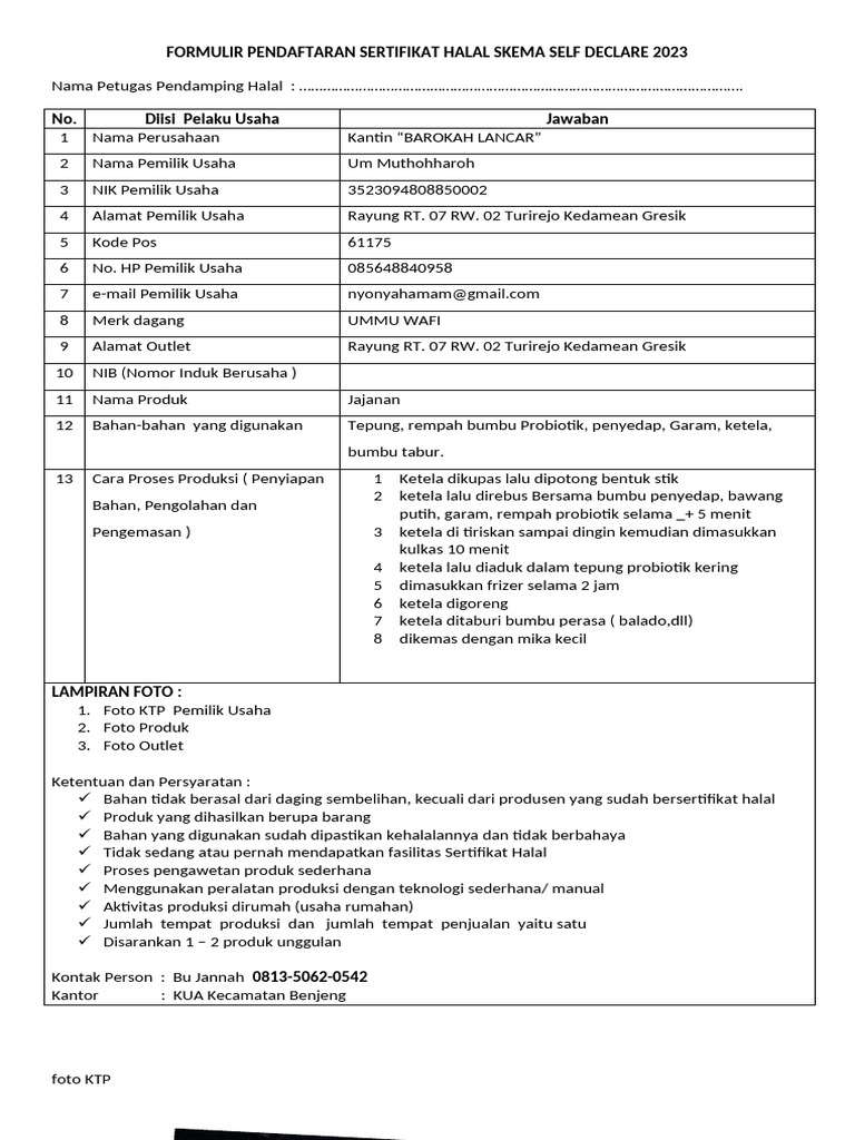 Formulir Pendaftaran Sertifikat Halal | PDF