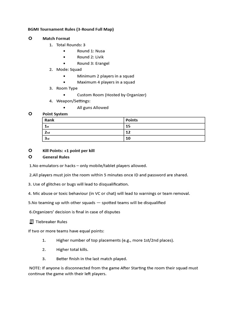 BGMI Tournament Rules and Points System | PDF