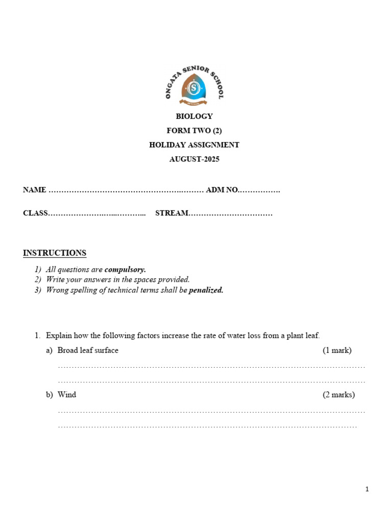 Form 2 Biology Holiday Assignment 2025 | PDF | Blood | Biology