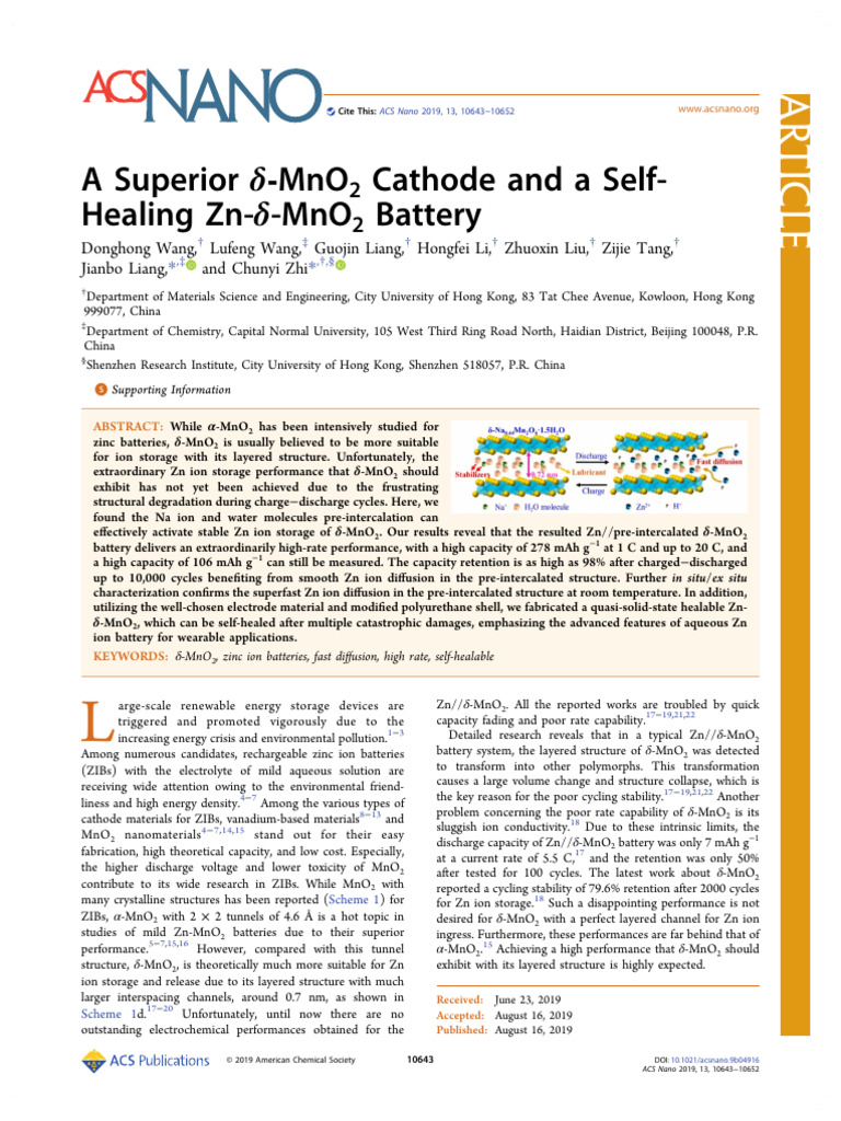 A Superior δ‑MnO2 Cathode and a Self- Healing Zn-δ-MnO2 Batter | PDF | Physical Chemistry ...