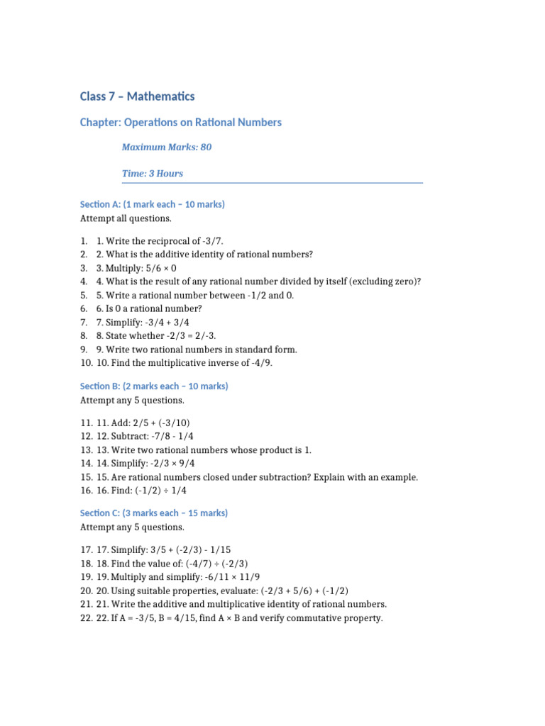 Class7 Operations On Rational Numbers Questions | PDF | Multiplication | Arithmetic