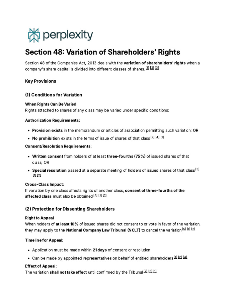 Section 48 - Variation of Shareholders' Rights | PDF | Articles Of ...