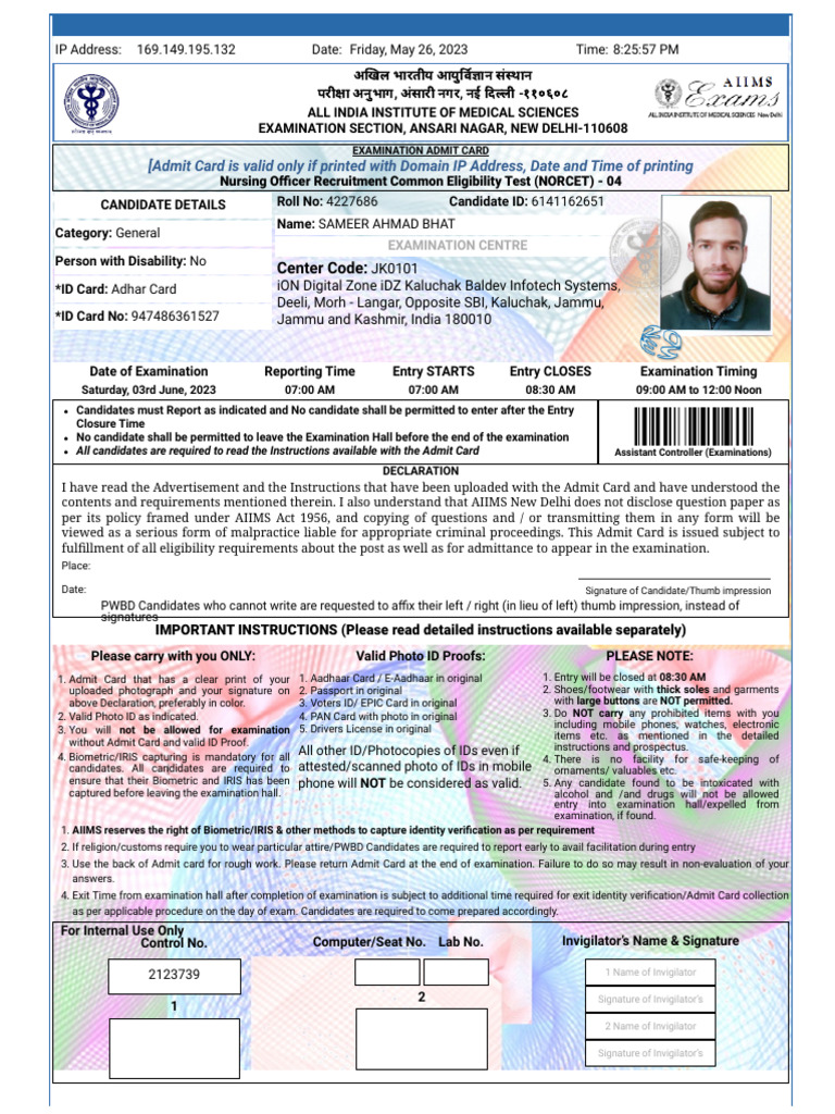 Admit Card. Sameer. - 025328 | PDF | Identity Document | Authentication