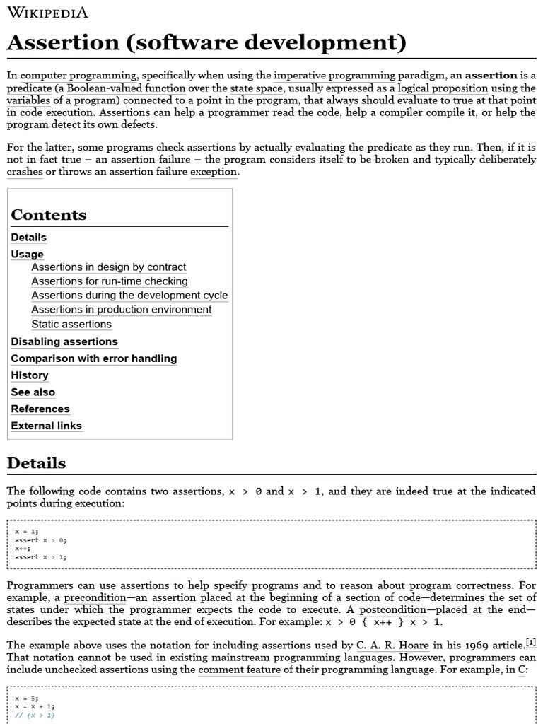 Assertion (Software Development) - Wikipedia | PDF | Computer Engineering | Computer Programming