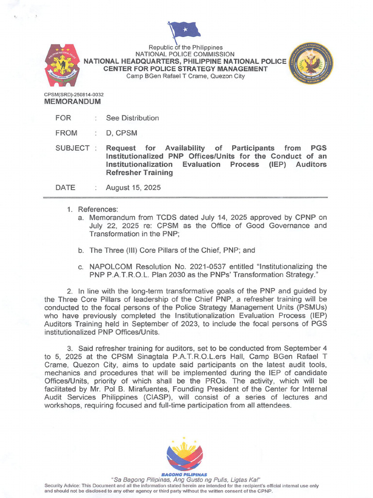 Request For Availability of Participants From Pgs Institionalized PNP ...