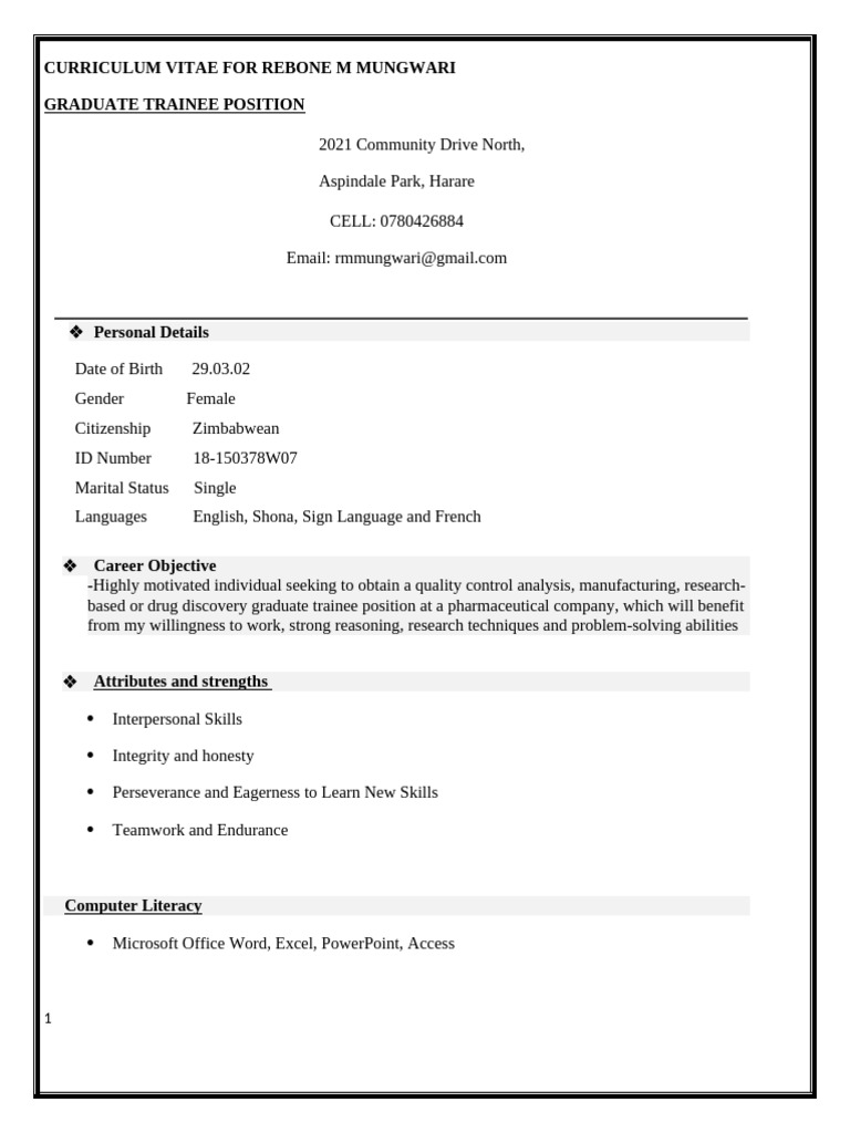 CV of Rebone M. Mungwari - Graduate Trainee | PDF | Organic Chemistry ...