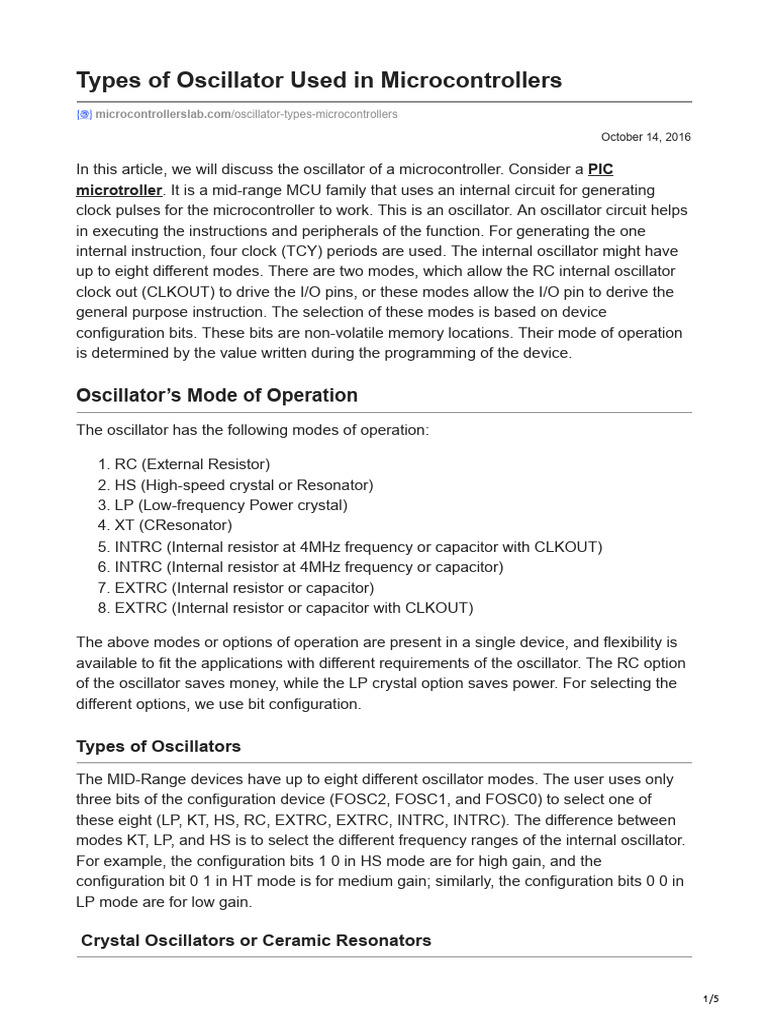 Oscillator Types in Microcontrollers | PDF | Electronic Oscillator ...