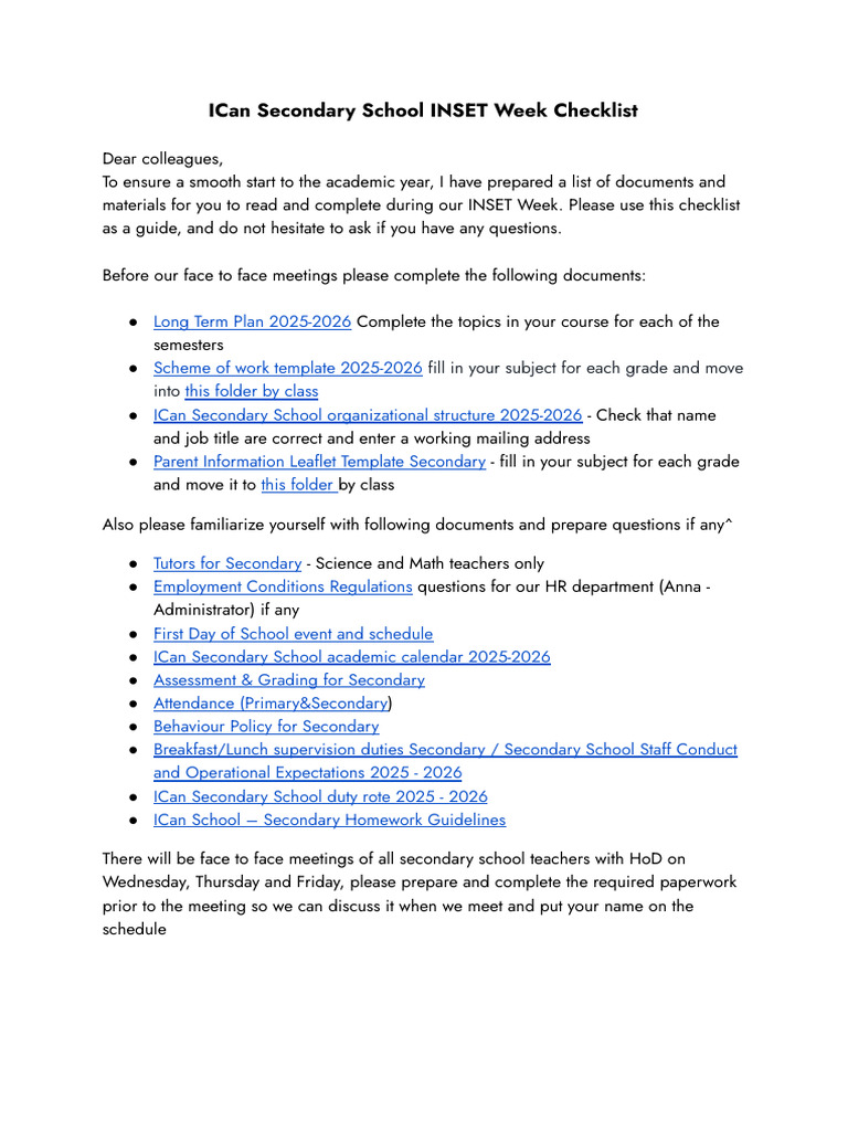 INSET Week Checklist | PDF