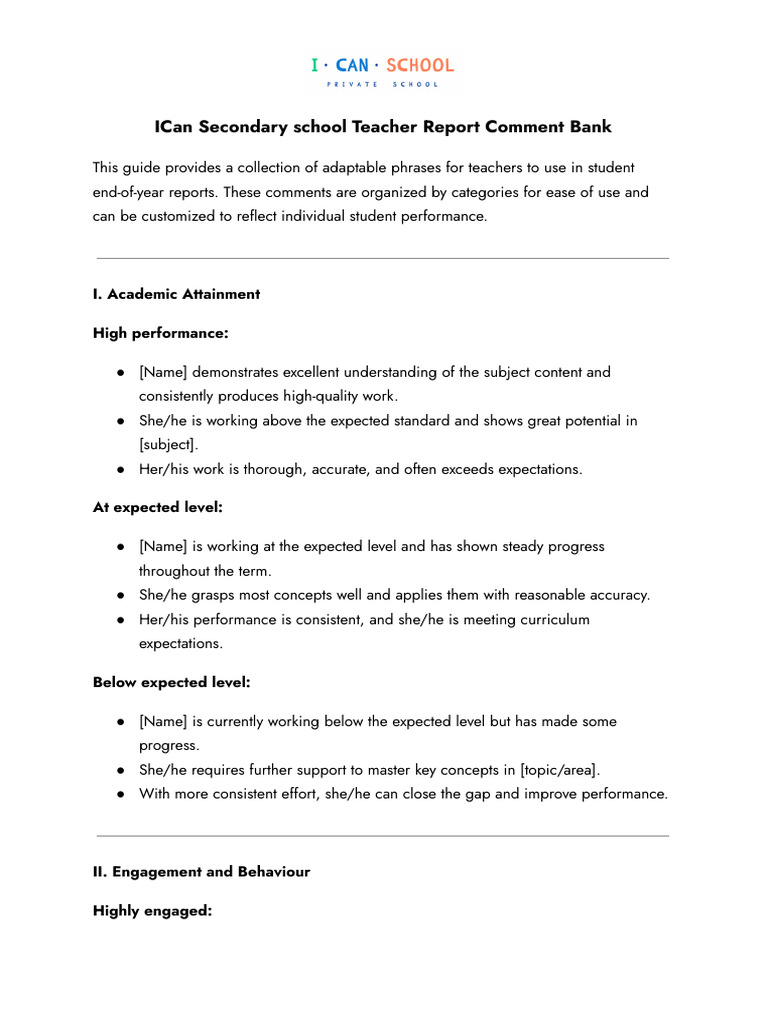 Teacher Report Comment Bank Guide | PDF | Teachers | Behavioural Sciences