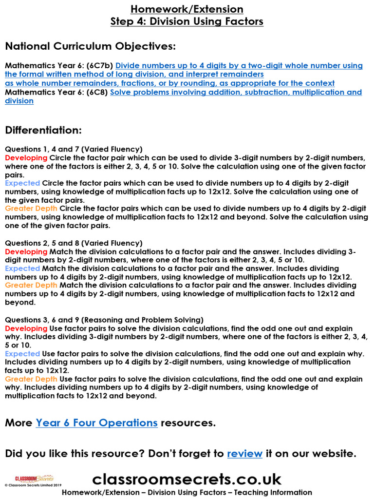 Year 6 Division Using Factors Guide | PDF | Multiplication | Elementary ...