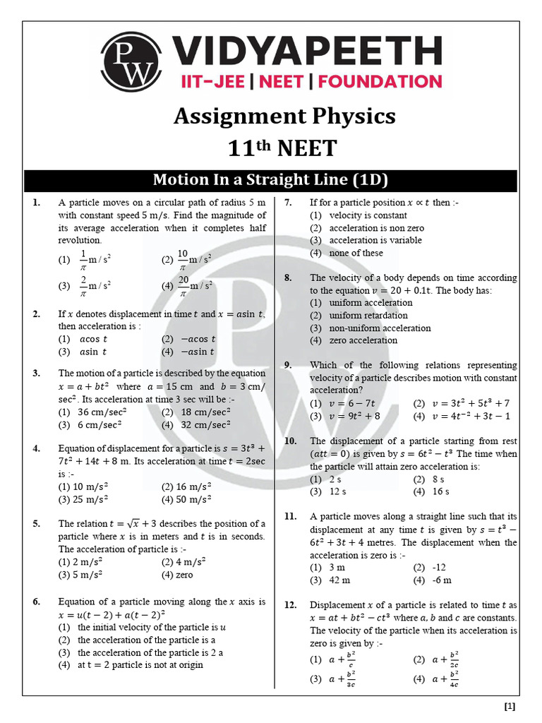 Motion in A Straight Line - Assignment | PDF | Acceleration | Velocity