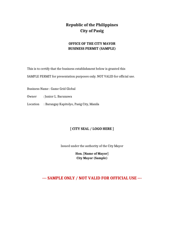 Sample Business Permit - Pasig City | PDF