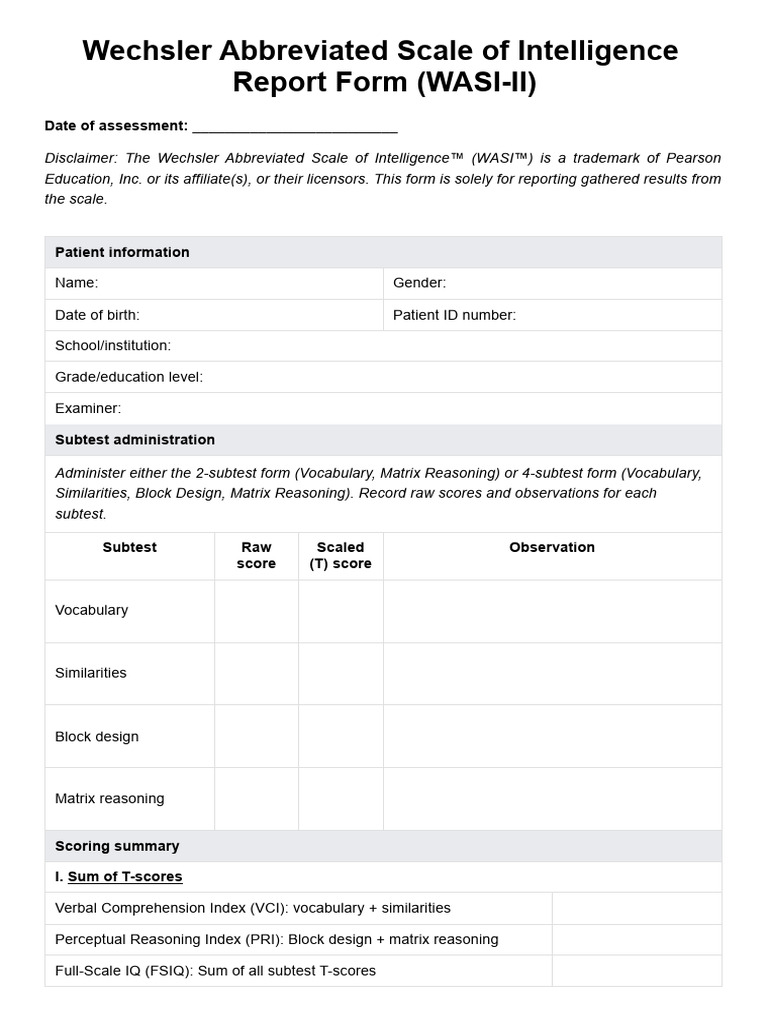 WASI-II Intelligence Assessment Report | PDF