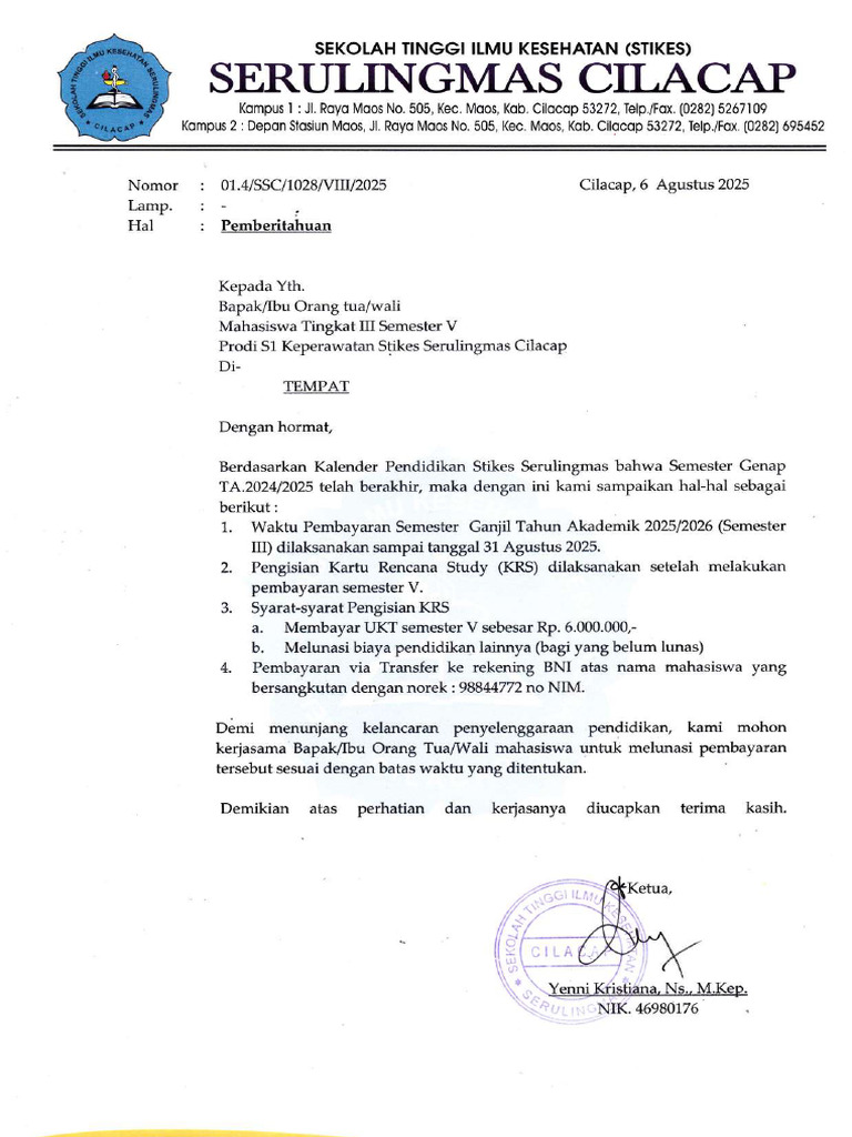 Surat Pemberitahuan Prodi S1 Kep TK 3 | PDF