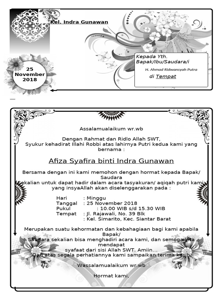 Undangan Tasyakuran Aqiqah Afiza Syafira | PDF