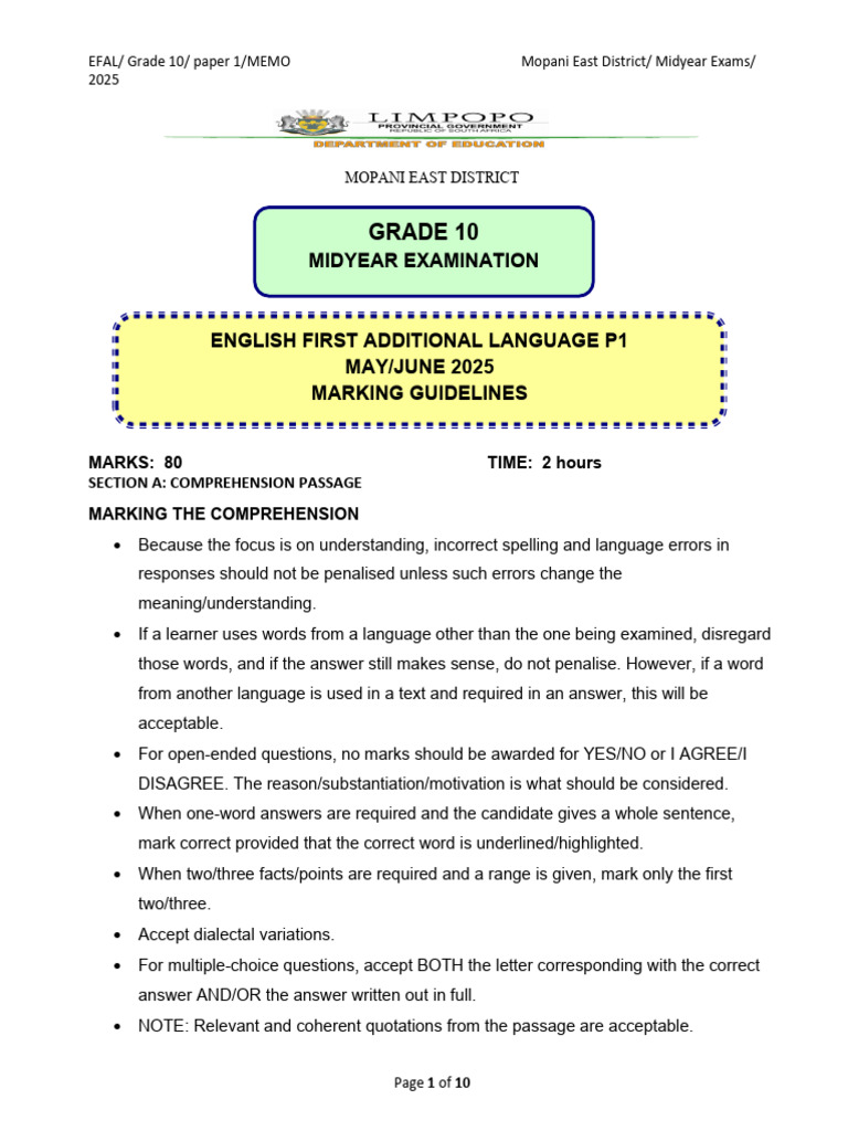 Grade 10 English Paper 1 Memo 2025 | PDF