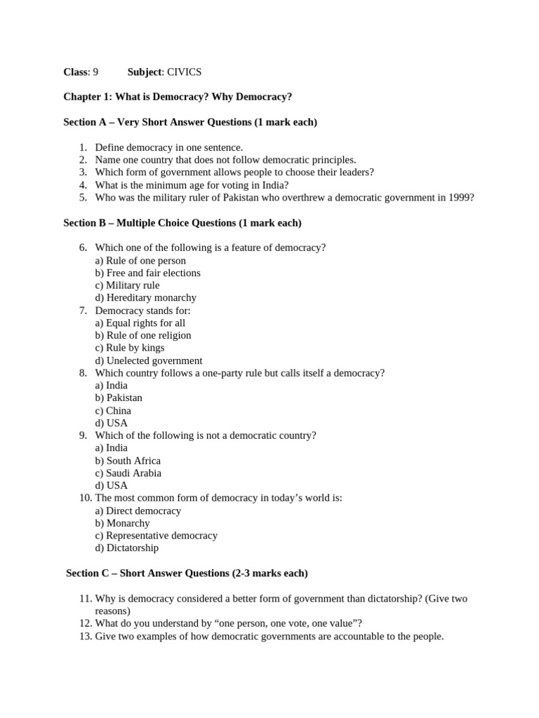 Class Subject Chapter 1: What Is Democracy? Why Democracy? Section A ...