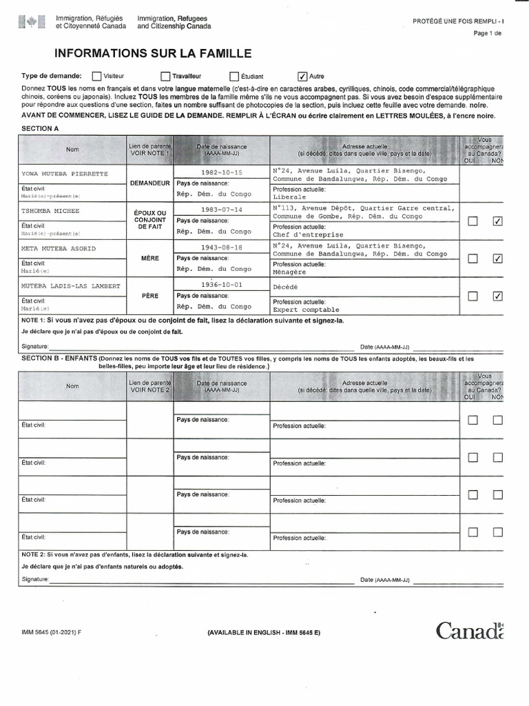 Formulaire Imm5645 Information Sur La Famille Yowa | PDF