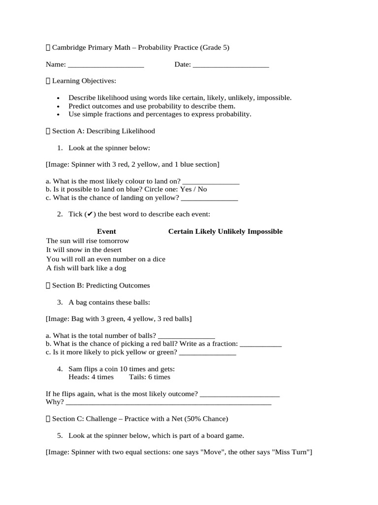 Grade 5 Probability Practice Workbook | PDF | Probability | Probability ...