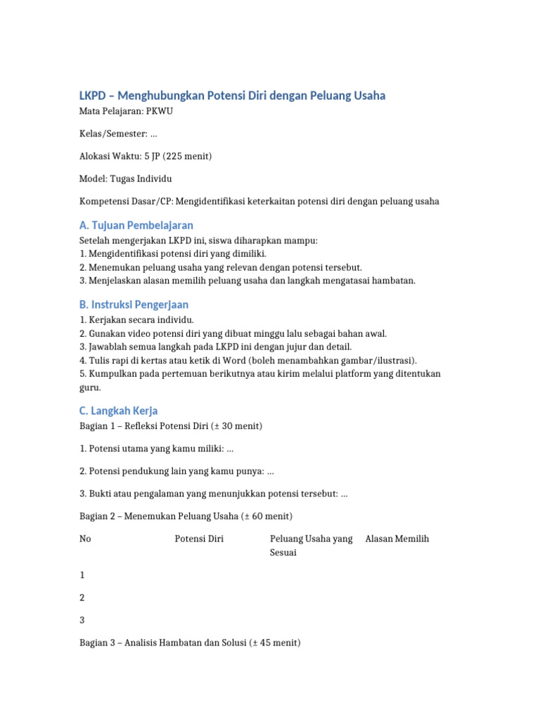 LKPD Potensi Diri Dan Peluang Usaha | PDF