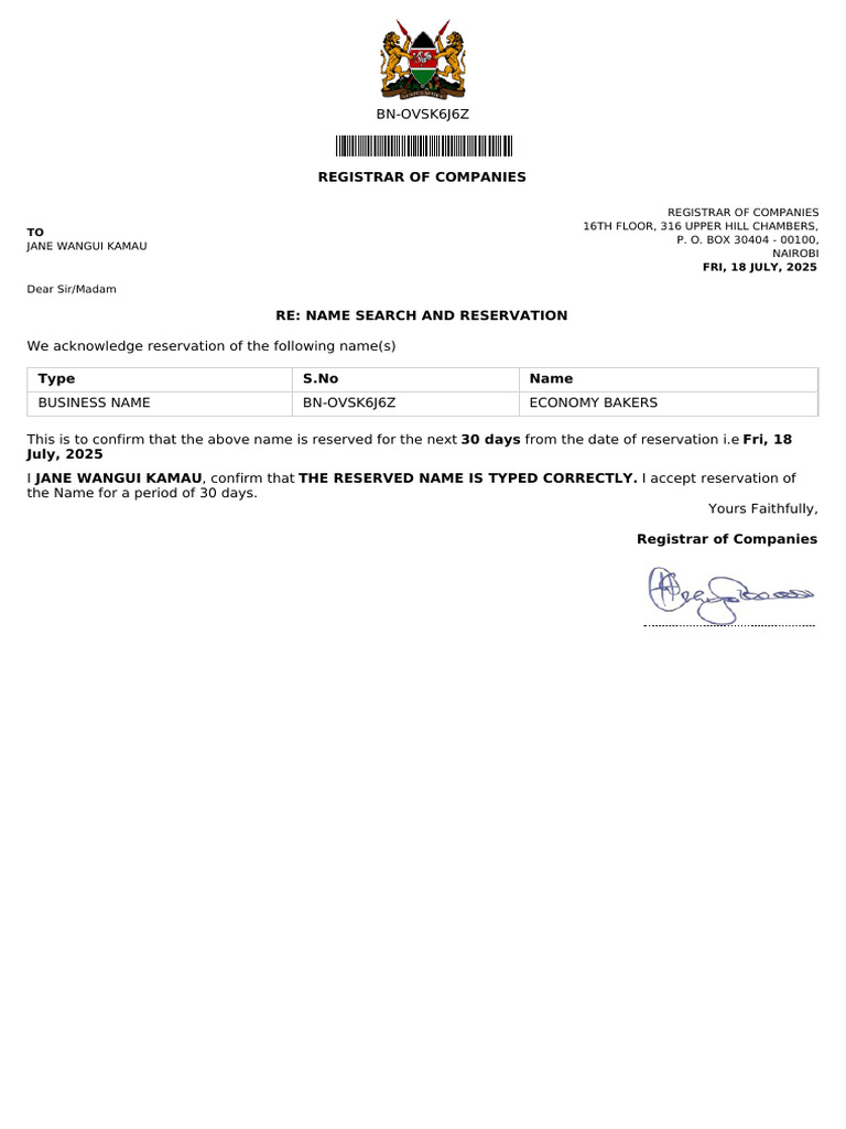 BN OVSK6J6Z Name Reservation Certificate | PDF