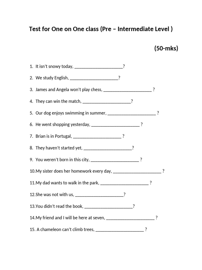 One-on-One English Test: Pre-Intermediate | PDF | Chess Openings ...