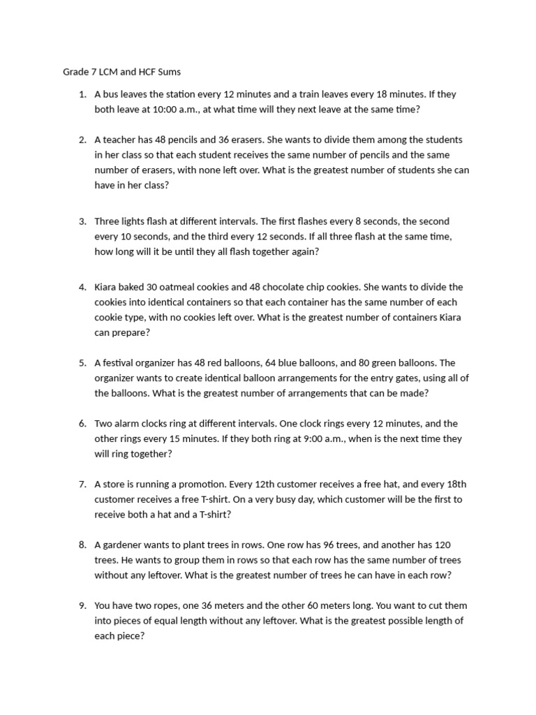 Grade 7 LCM and HCF Word Problems | PDF