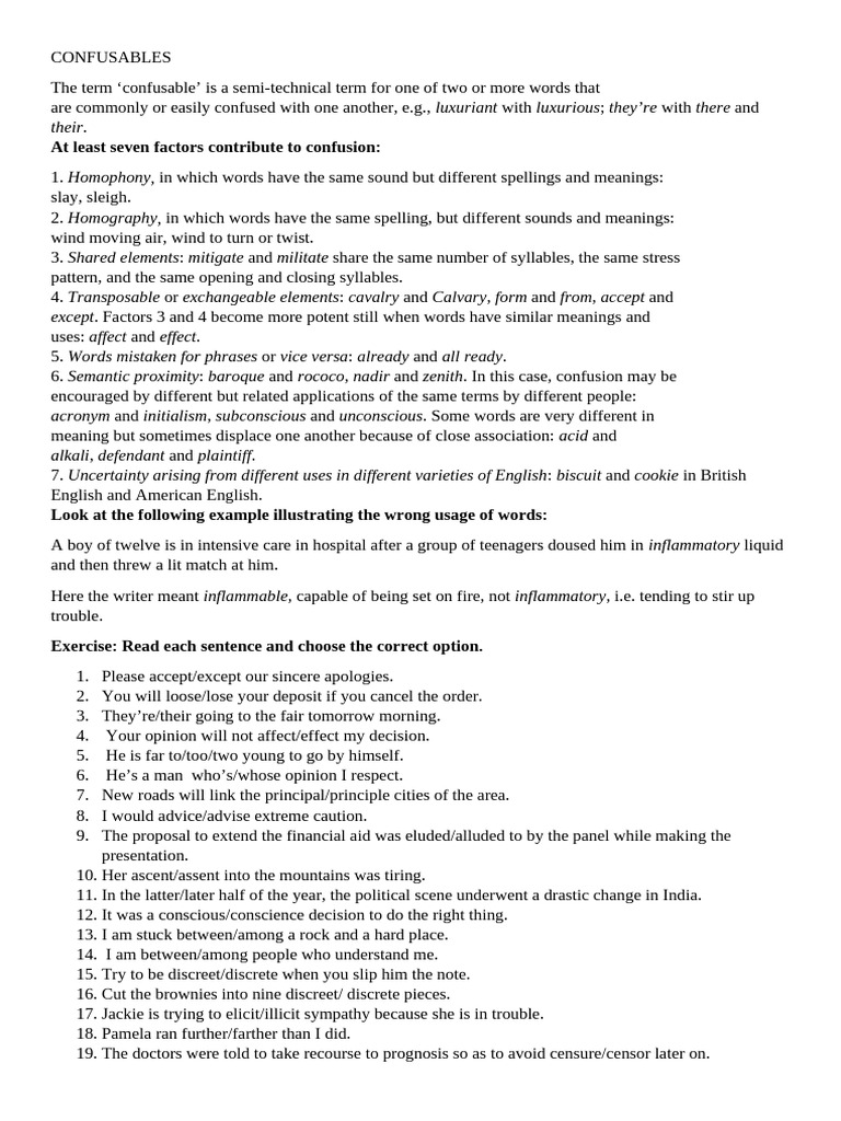 Commonly Confused Word Exercises | PDF | Word | English Language