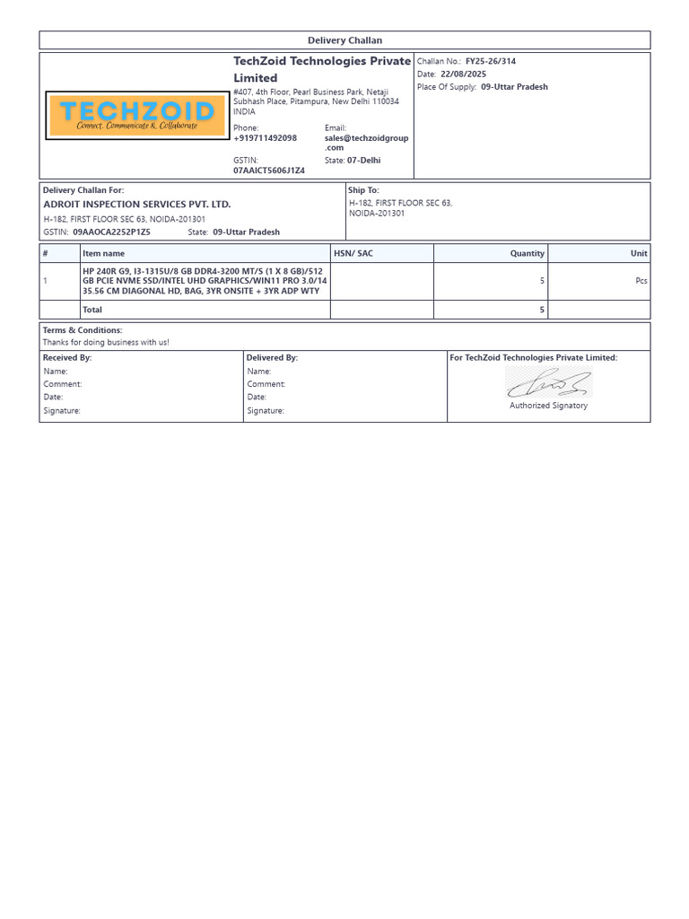 Delivery Challan - FY25-26 314 - 22 - 08 - 25 | PDF | Computing | Computer Engineering