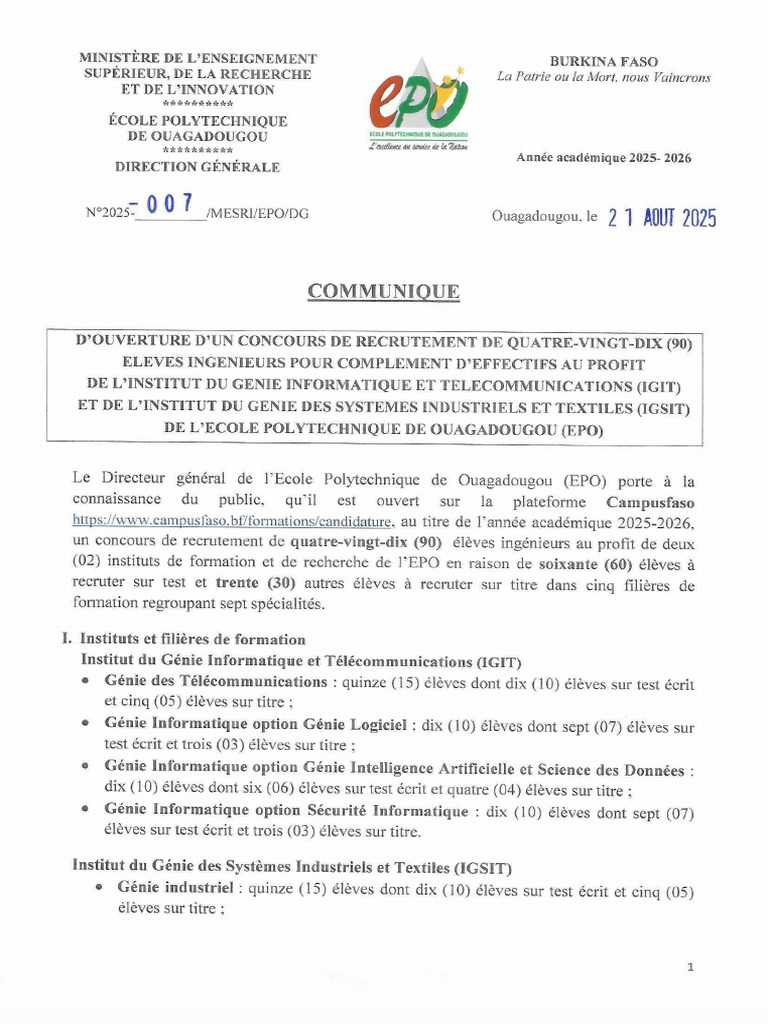 Communiqué de Recrutement Du Cycle Ingénieur 2025-2026 | PDF