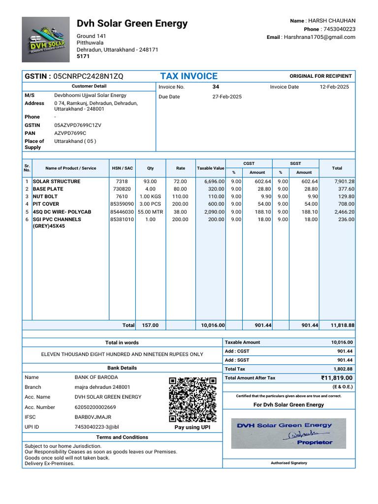 Invoice 34 Devbhoomi Ujjwal Solar Energy Rakesh Devi 10-51-24 | PDF ...